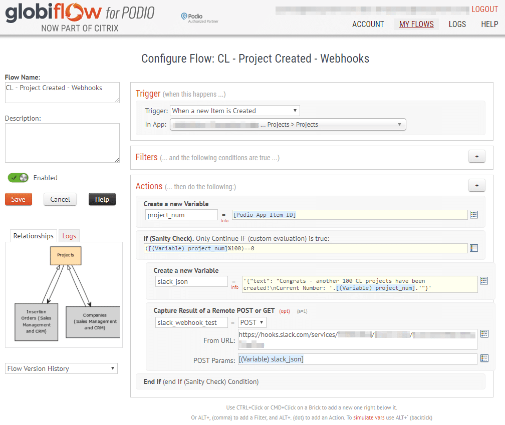 Automatic Slack Notifications for Podio Events via Globiflow